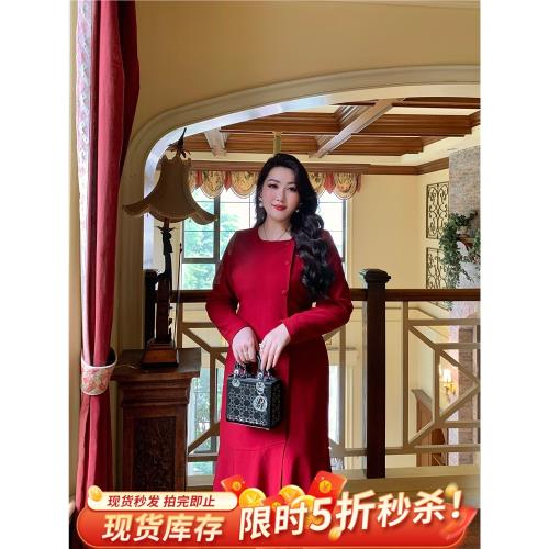 GLEC胖mm高級感小眾紅色魚尾禮服|T恤|ETMall東森購物網