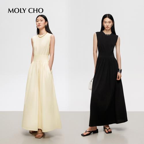 MOLYCHO長款氣質收腰連衣裙女夏季高個子慵懶風長裙無袖優雅裙子|洋裝|ETMall東森購物網