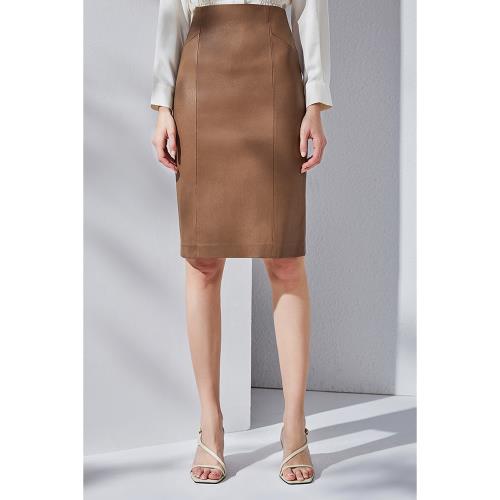 U.N.Q 時髦精Bi備綿羊皮彈力開叉半身裙深咖色包臀顯瘦真皮皮裙女|金秋購物節，全站最高39%回饋，消費滿額再抽999黃金|半身裙|ETMall東森購物網