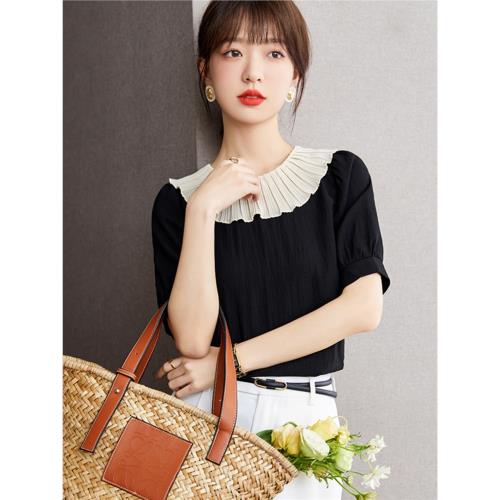 白領哥弟新新款2025夏OL風法式荷葉領夏季短袖黑色襯衫上衣女|襯衫|ETMall東森購物網