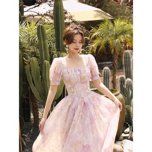 MR WATER復古釘珠方領連衣裙櫻花|洋裝|ETMall東森購物網