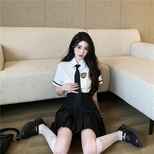 JK制服純欲風辣妹性感套裝夏天學院風大碼襯衫女超短百褶裙兩件套|襯衫|ETMall東森購物網