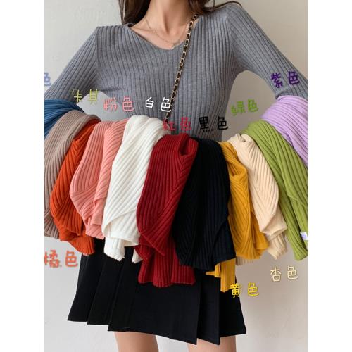 慵懶長袖白色v領緊身ins針織上衣|毛針織衫|ETMall東森購物網