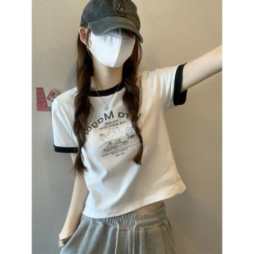 字母印花撞色圓領正肩短袖女t恤夏季修身顯瘦高腰短款露臍上衣bm|T恤|ETMall東森購物網