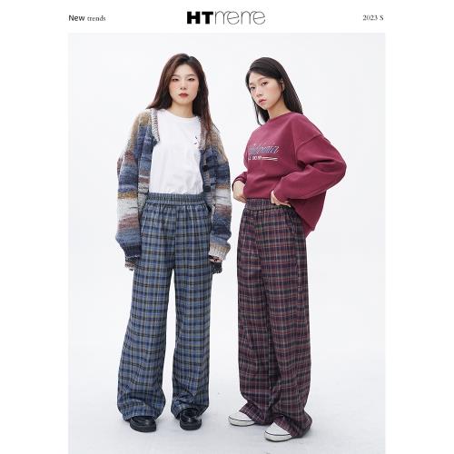 花田櫥窗HTmeme 候鳥與風~復古磨毛格子褲女秋冬休閑高腰直筒長褲|休閒褲|ETMall東森購物網