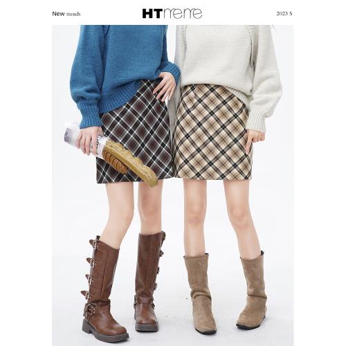 花田櫥窗HTmeme栗子小姐~復古磨毛格紋半身裙女秋冬高腰a字裙短裙|半身裙|ETMall東森購物網