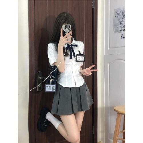 東京原創JK制服純欲收腰緊身襯衫辣妹上衣學院風深灰箱褶裙兩件套|半身裙|ETMall東森購物網