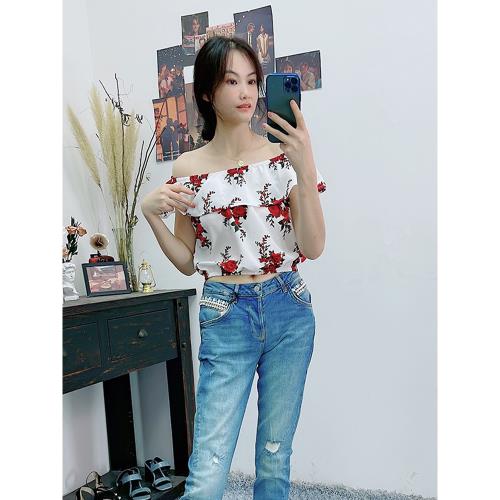 諾諾E站 【GS】夏裝 女士一字肩無袖荷葉邊雪紡襯衫印花上衣短款|襯衫|ETMall東森購物網