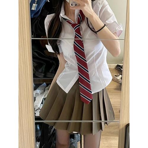 JK制服純欲風辣妹收腰短袖襯衫女日系學院風百搭卡其色高腰百褶裙|半身裙|ETMall東森購物網