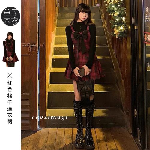蝴蝶結紅色格子連衣裙女2025新款秋冬溫柔小個子奶乖穿搭jk套裝裙|洋裝|ETMall東森購物網