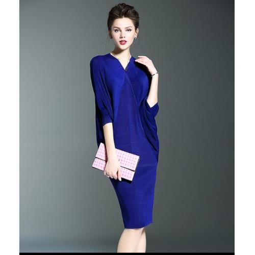 2024新款春秋歐美時尚ol通勤氣質大碼蝙蝠袖高端褶皺連衣裙中長款|洋裝|ETMall東森購物網