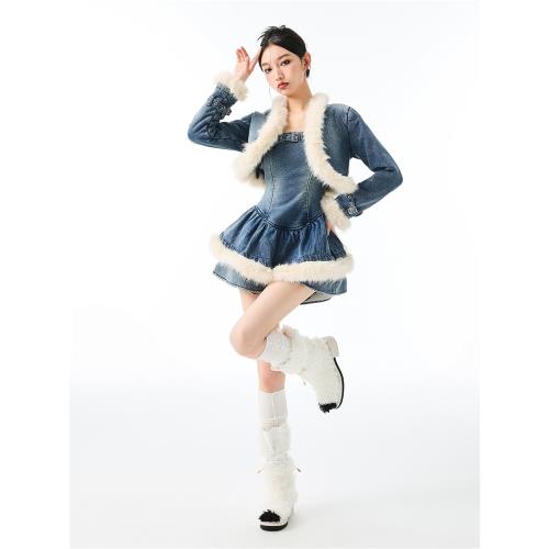 YZZI HE復古毛領牛仔外套蓬蓬連衣裙皮草內里加厚羊羔毛套裝|洋裝|ETMall東森購物網