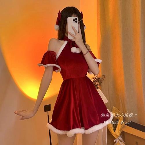 半糖少女 純欲性感紅連衣裙毛毛邊蝴蝶結圣誕節日套裝短裙制服cos|洋裝|ETMall東森購物網