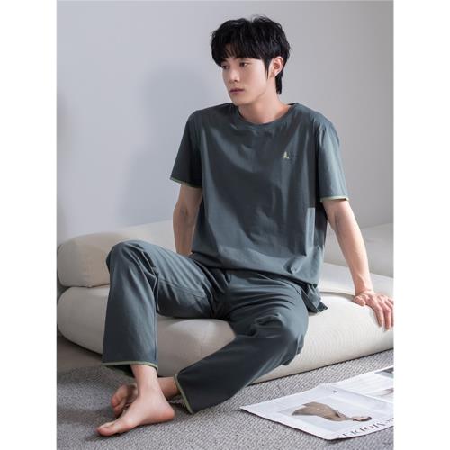 7A抗菌睡衣男純棉春夏季短袖長褲薄款大碼寬松可外穿家居服套裝|睡衣/家居服套裝|ETMall東森購物網