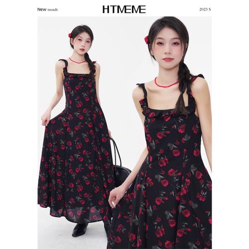 花田櫥窗HTmeme 南法風情~復古玫瑰雪紡吊帶裙女夏季度假風連衣裙|洋裝|ETMall東森購物網