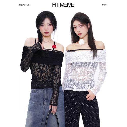 花田櫥窗HTmeme 曼珠沙華~純欲一字肩蕾絲長袖T恤女春季透視上衣|蕾絲衫/雪紡衫|ETMall東森購物網