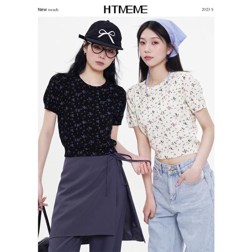 花田櫥窗HTmeme 花卉與歌 韓系碎花短袖針織衫女春夏顯瘦正肩上衣|毛針織衫|ETMall東森購物網
