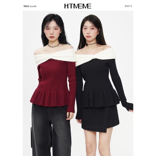 花田櫥窗HTmeme 回頭率密碼~純欲蝴蝶結一字肩針織毛衣女顯瘦上衣|毛衣|ETMall東森購物網