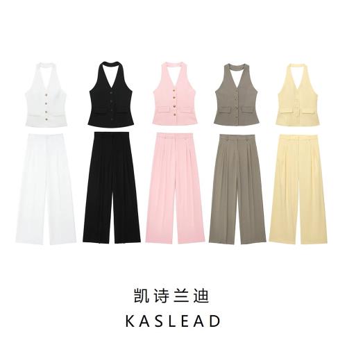 KASLEAD 新款 女裝 歐美風露背掛脖領馬甲長褲 8364532 8365532|時尚套裝|ETMall東森購物網