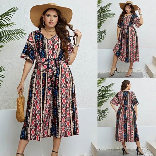 fat lady summer vintage dress 大碼夏季V領印花收腰連衣裙|洋裝|ETMall東森購物網