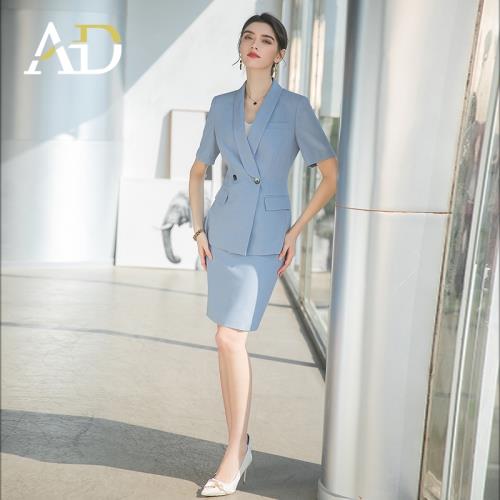 AD莫蘭迪藍色西裝套裝裙氣質女神范職業裝高端修身顯瘦面試OL正裝|職業女裙套裝|ETMall東森購物網