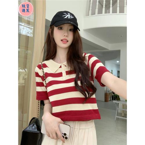 獨特設計感夏季chic韓系條紋小衫polo翻領針織短袖t恤女短款上衣|T恤|ETMall東森購物網