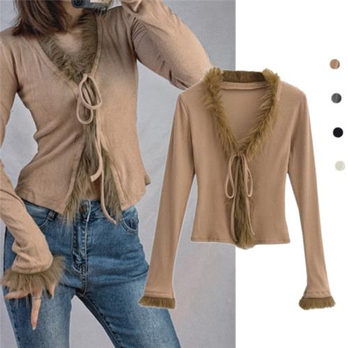 純欲氛圍感毛毛V領綁帶開衫性感純色高級內搭顯瘦露臍辣妹上衣ins|T恤|ETMall東森購物網