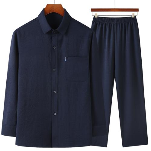 爸爸夏裝純色中老年唐裝男長袖70歲爺爺80歲裝休閑套裝老年人衣服|襯衫|ETMall東森購物網