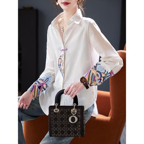 寶詩黎OL氣質刺繡長袖襯衫2025秋季新款寬松百搭長袖條紋白襯衣女|襯衫|ETMall東森購物網