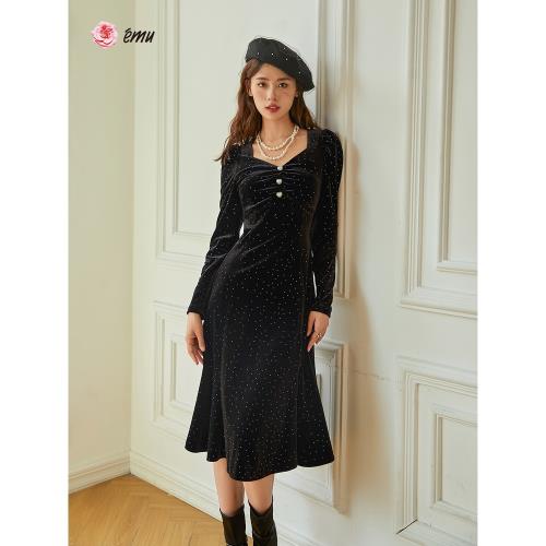 emu秋季燙鉆絲絨氣質長袖連衣裙|洋裝|ETMall東森購物網