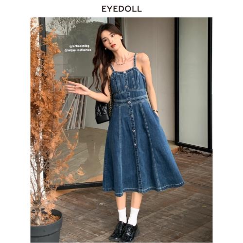 EYEDOLL秋季新款通勤百搭純色拉鏈牛仔吊帶連衣裙|洋裝|ETMall東森購物網