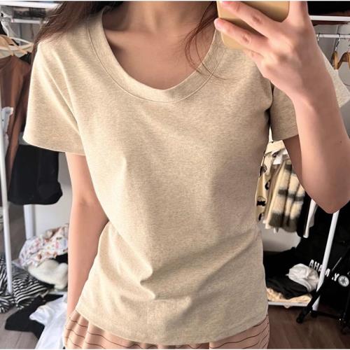 低圓領短袖T恤女2025夏季純棉正肩顯瘦修身半袖洋氣基礎款上衣ins|T恤|ETMall東森購物網