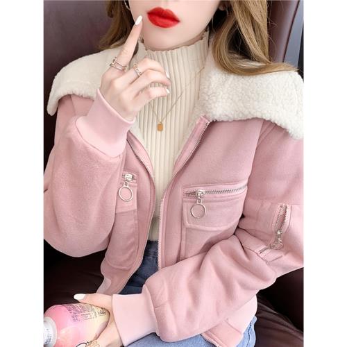 150小個子加絨加厚翻領羊羔毛女秋冬155保暖短款夾克鹿皮絨外套xs|短外套|ETMall東森購物網