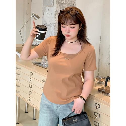 200斤大碼女裝百搭顯瘦上衣夏季新品胖mm休閑正肩短袖t恤U領內搭|T恤|ETMall東森購物網