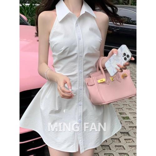 G2025年夏季新款女裝性感收腰A字連衣裙收腰無袖掛脖露肩襯衫裙子|洋裝|ETMall東森購物網