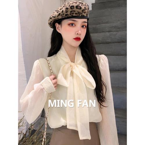 G2025秋季新款女裝氣質洋氣長袖上衣透視法式蝴蝶結系帶雪紡襯衫|蕾絲衫/雪紡衫|ETMall東森購物網