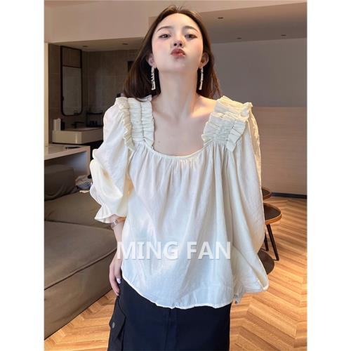 G2025年春秋季新款女裝襯衣氣質方領花邊褶皺泡泡袖寬松襯衫上衣|襯衫|ETMall東森購物網