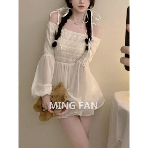 G2025年夏季新款女裝浪漫仙氣網紗拼接一字肩吊帶上衣收腰雪紡衫|洋裝|ETMall東森購物網