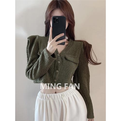 G2025秋季新款女裝高腰顯瘦泡泡袖上衣洋氣V領直角肩短款外套ins|襯衫|ETMall東森購物網