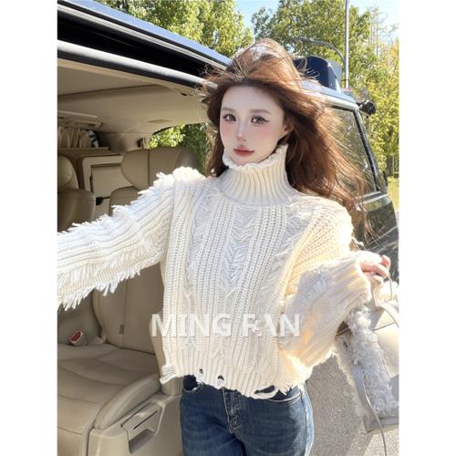 G2025女裝春秋冬季新款高領套頭流蘇破洞毛衣加厚保暖針織衫上衣|毛針織衫|ETMall東森購物網