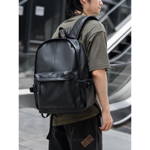 2024新款時尚百搭純色pu皮雙肩包商務電腦背包男休閑大學防水書包|雙肩背包|ETMall東森購物網