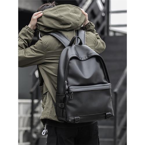 2024新款時尚百搭純色pu皮雙肩包商務防水電腦背包男休閑大學書包|雙肩背包|ETMall東森購物網