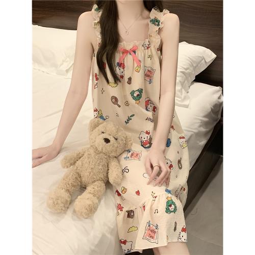 帶胸墊吊帶睡裙睡衣女生夏季泡泡皺2024新款甜美可愛薄家居服kt貓|睡裙|ETMall東森購物網