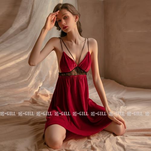 姬Gill：秋冬新款黑絲深V絲絨蕾絲睡衣私房吊帶睡裙家居服套裝女|中筒襪|ETMall東森購物網
