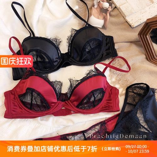 法式性感蕾絲緞面拼接鏤空薄款大胸顯小有鋼圈內衣套裝聚攏文胸Q|胸罩|ETMall東森購物網