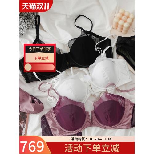 超薄款透視聚攏文胸套裝內衣女性感V領拼接色胸罩BRA有鋼圈|胸罩套裝|ETMall東森購物網