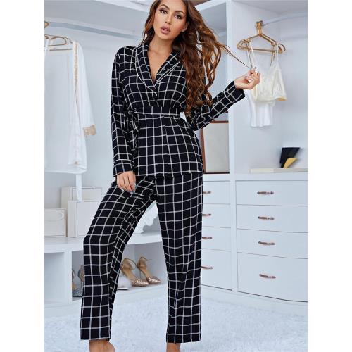 Plaid Long Sleeve Deep V Neck Loungewear Two Piece Set睡衣|睡衣/家居服套裝|ETMall東森購物網