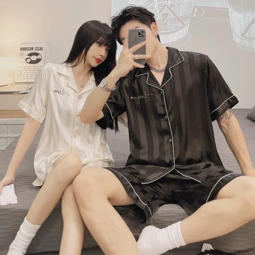 RS情侶睡衣女夏季冰絲短袖2025年新款高級感仿真絲綢男士家居服|睡衣/家居服套裝|ETMall東森購物網