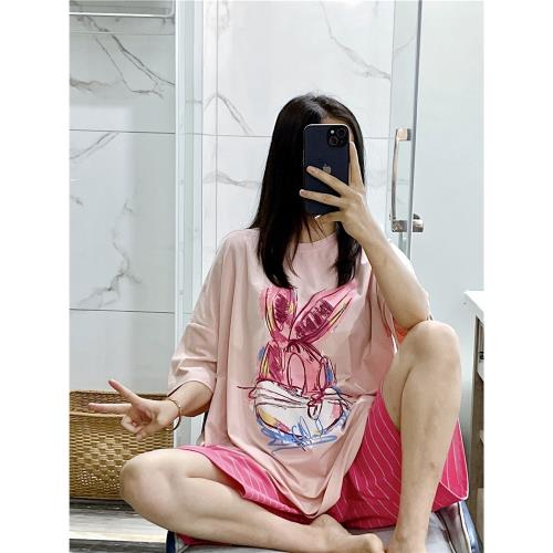 網紅短袖睡衣女夏天可愛小兔子印花家居服大碼胖mm200斤條紋套裝|睡衣/家居服套裝|ETMall東森購物網