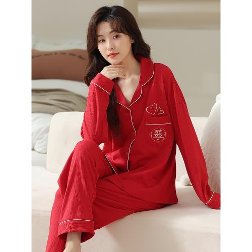 RS睡衣女紅色純棉長袖春秋款結婚女式本命年新婚喜慶家居服套裝|睡衣/家居服套裝|ETMall東森購物網